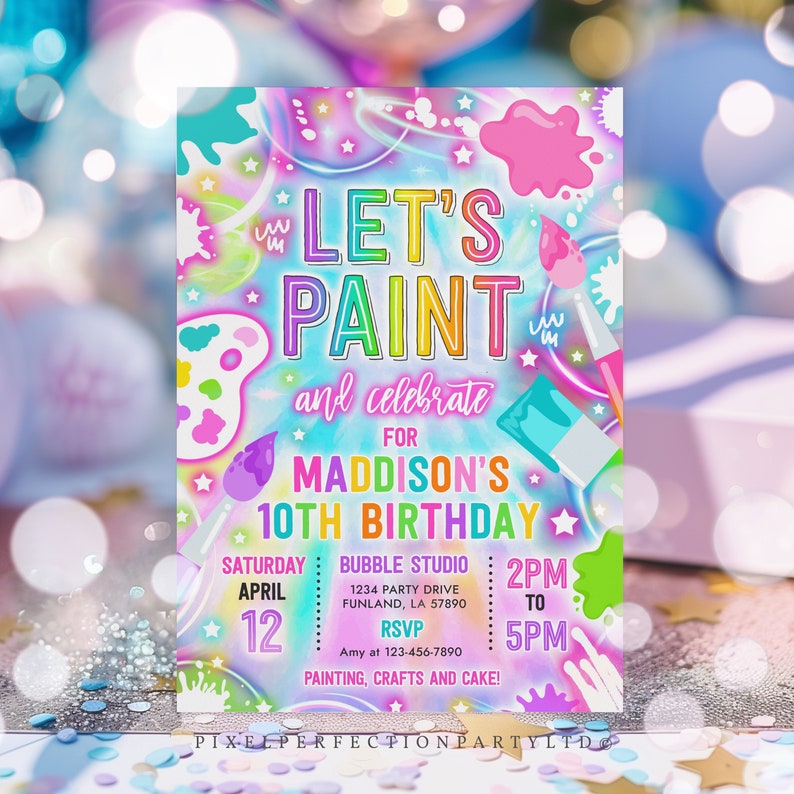 Editable Pottery Painting Birthday Party Invitation Neon Glow Paint and ...