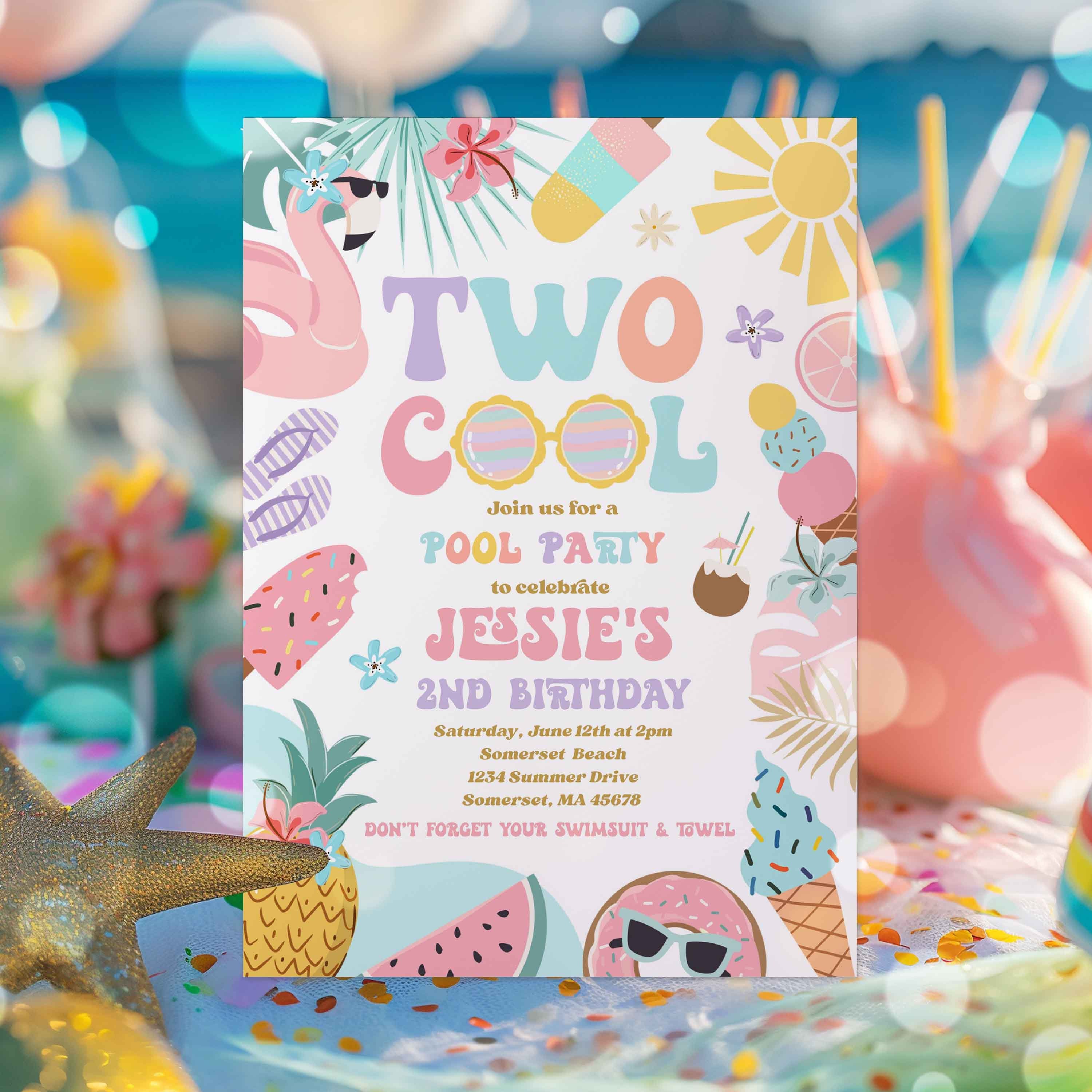 Editable Two Cool Birthday Party Invitation Tropical Splish Splash ...