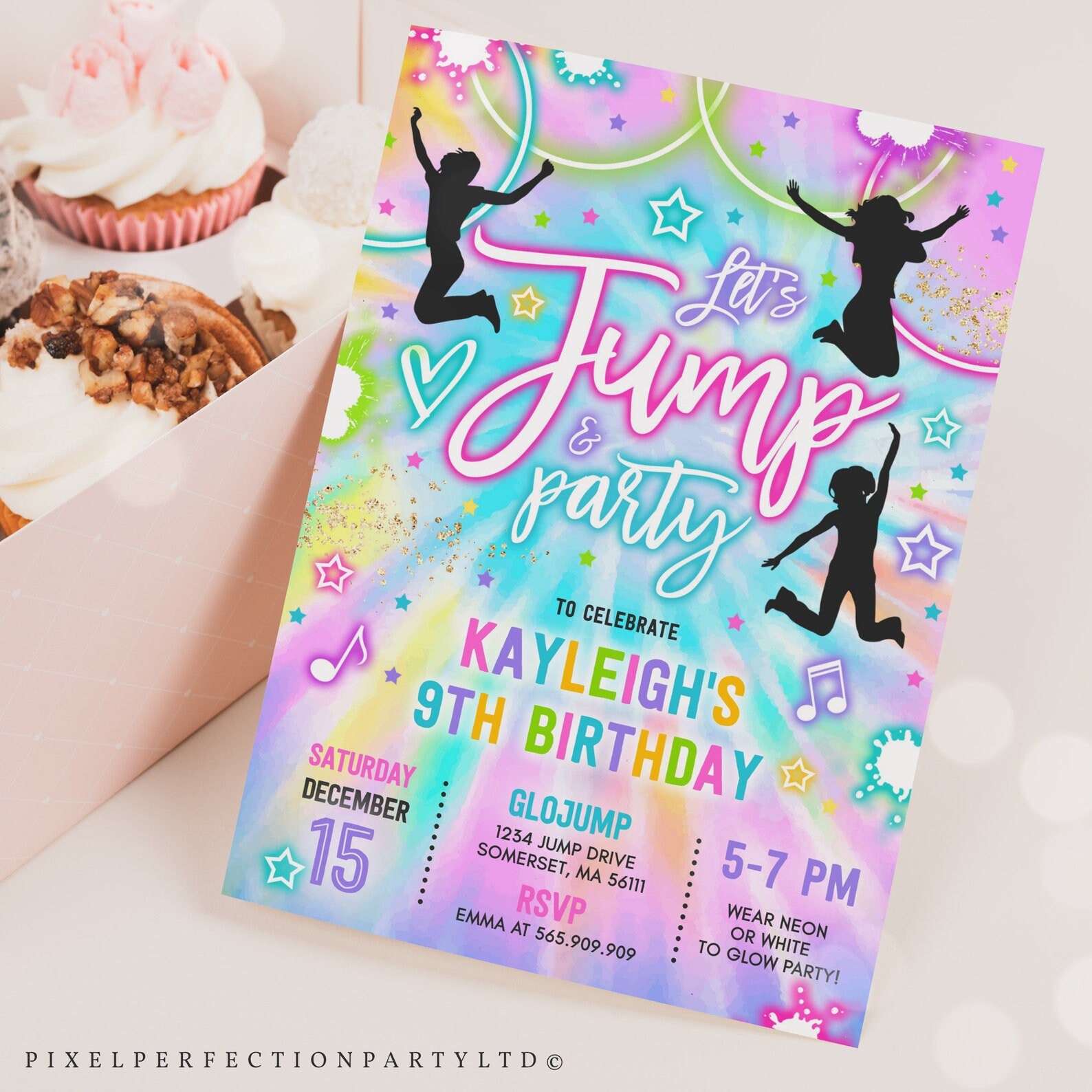Editable Jump Birthday Party Invitation and Bundle Tie Dye Neon Glow ...