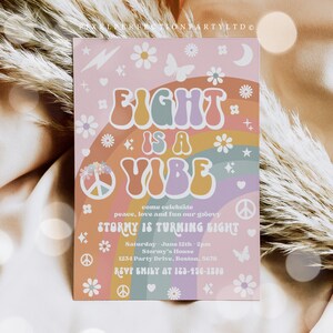 Editable Eight is A Vibe Groovy Birthday Party Invitation Peace Love ...