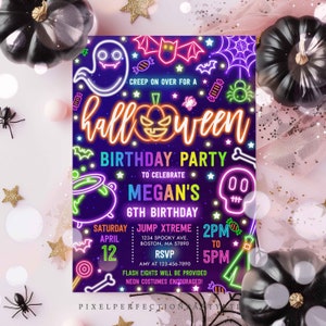 Editable Glow in the Dark Halloween Birthday Party Invitation Neon ...