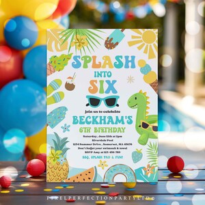 Editable Splash Into Six 6th Birthday Pool Party Invitation Tropical ...