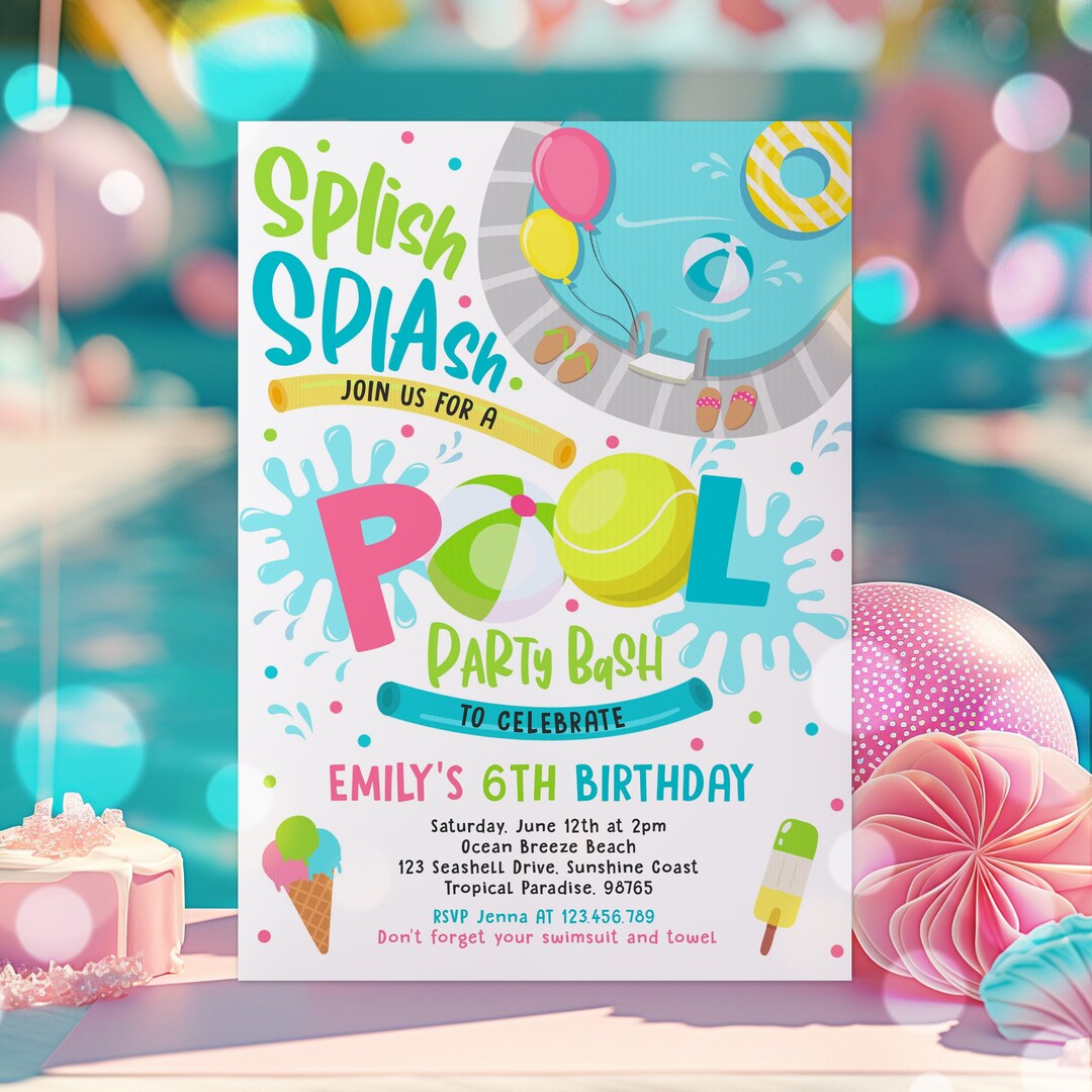 Editable Tennis Pool Party Birthday Invitation Girl Summer Tennis Team ...