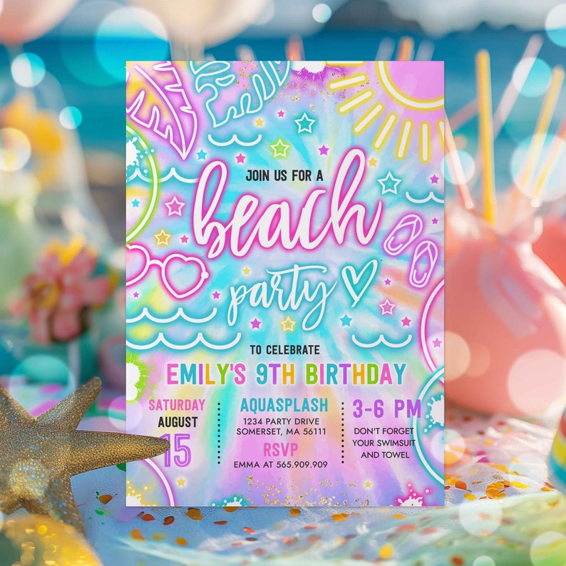 Editable Beach Birthday Party Invitation Glow Neon Tie Dye Summer ...