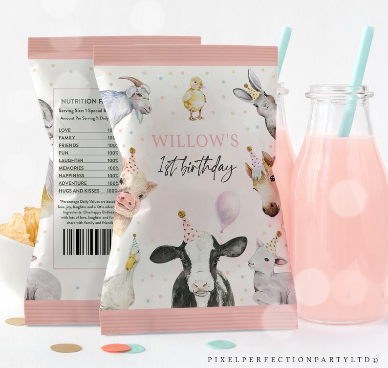 Editable Farm Animals Birthday Party Chip Bag Labels Girl Pink Farm ...