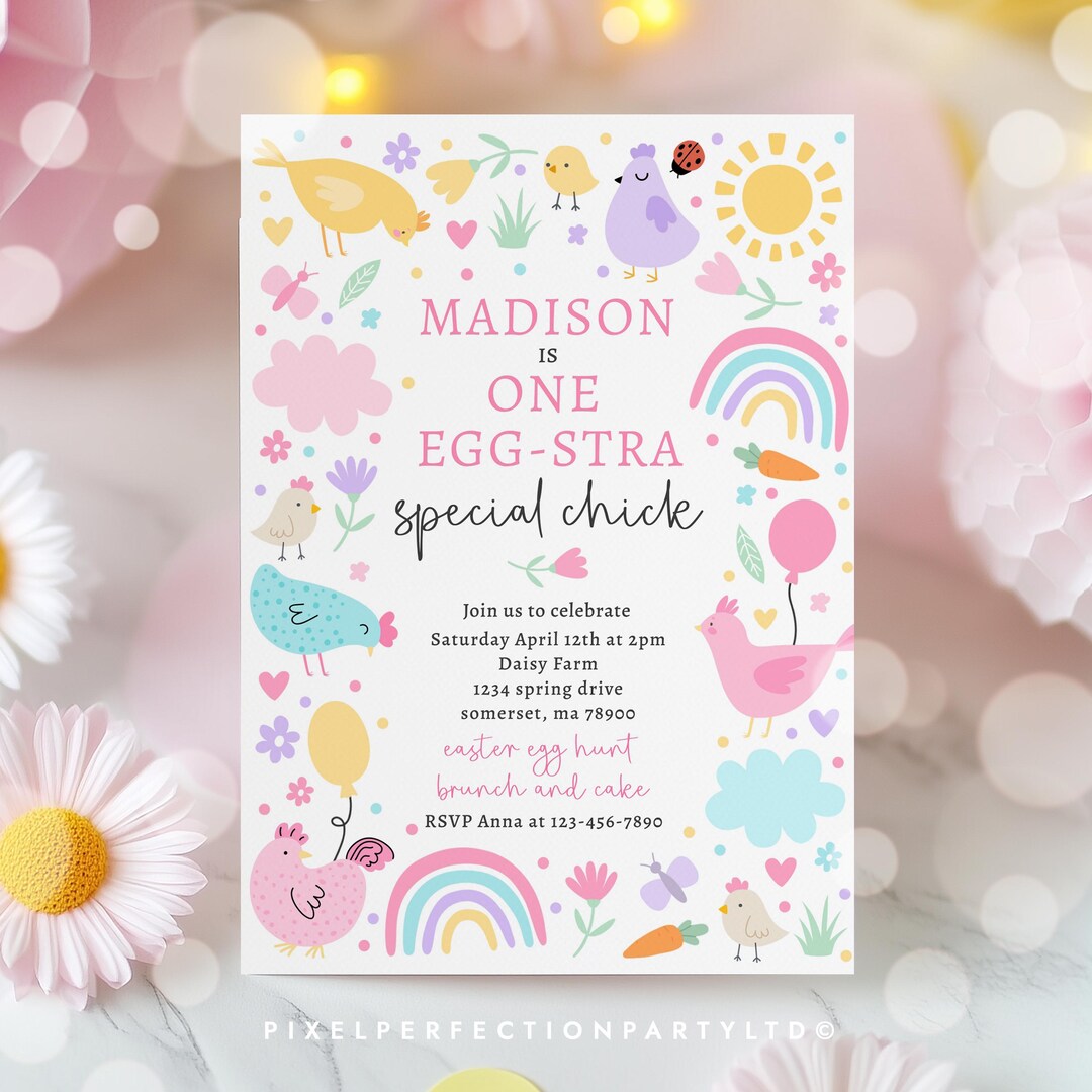 Editable Chicken Birthday Party Invitation One Egg-stra Special Chick ...