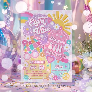 Editable Eight is A Vibe 8th Birthday Party Invitation Rainbow Sunshine ...