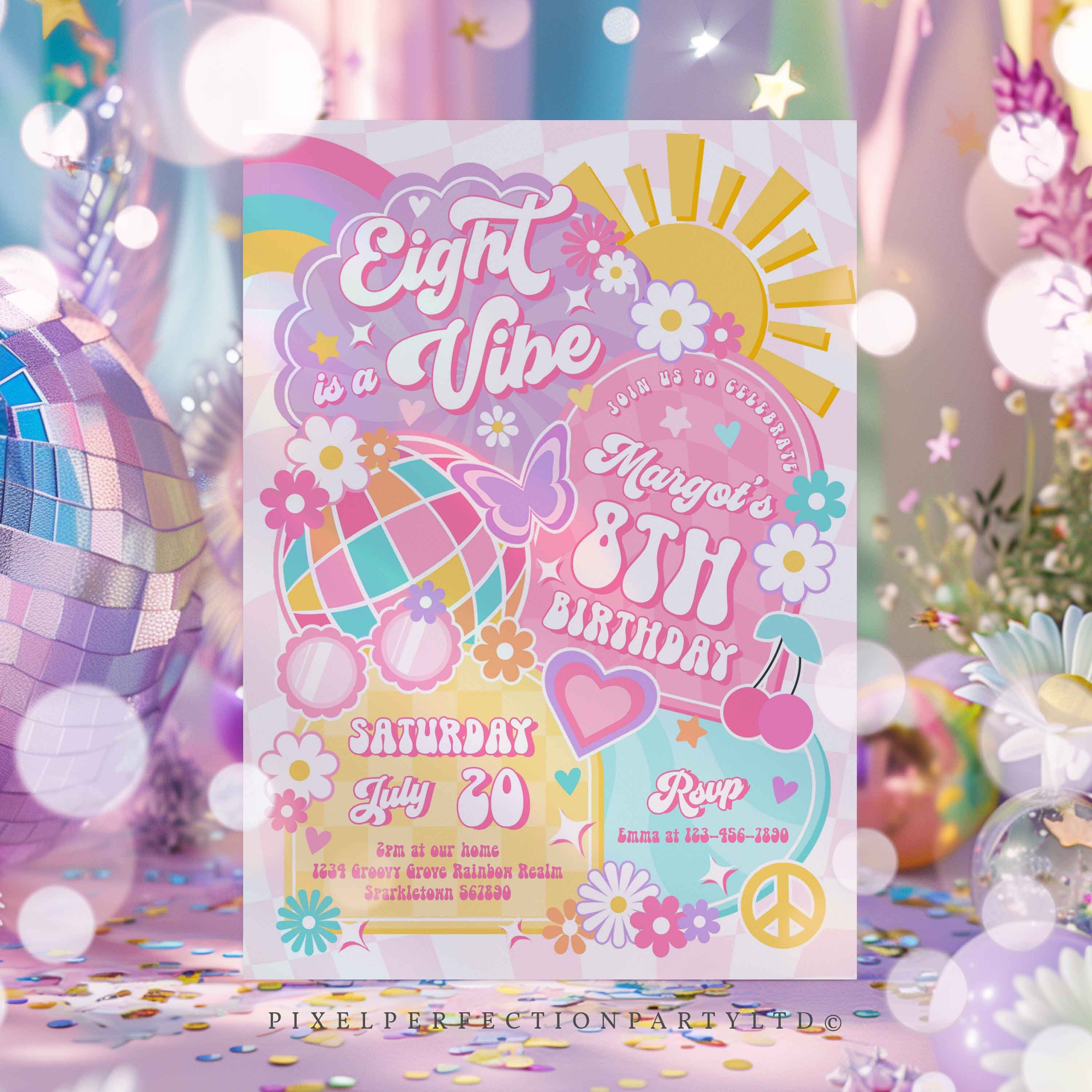 Editable Eight is A Vibe 8th Birthday Party Invitation Rainbow Sunshine ...