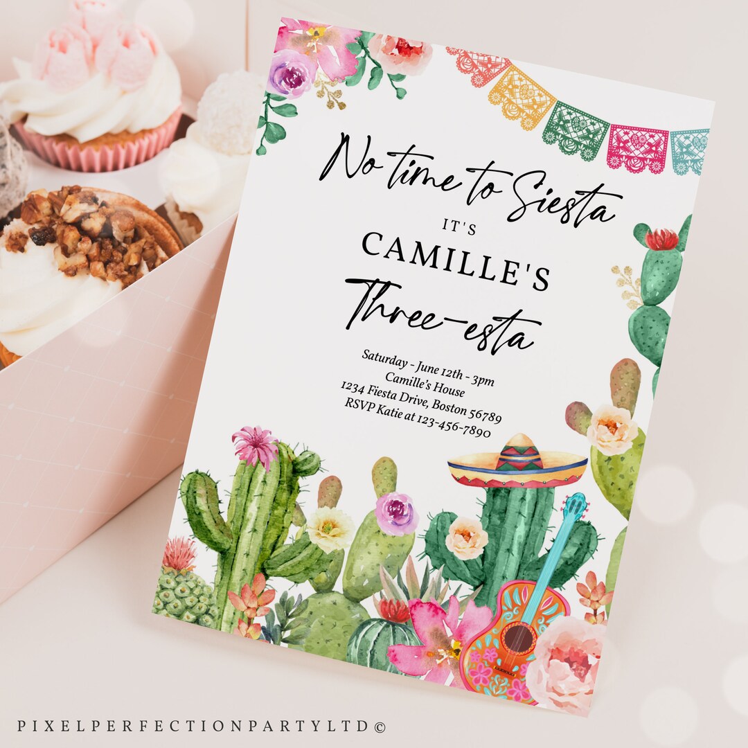 Editable Fiesta Birthday Party Invitation Three-esta 3rd Birthday No ...