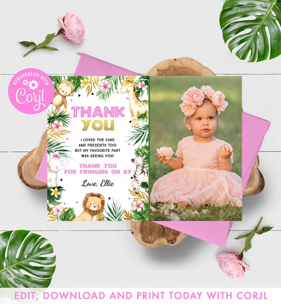 Editable Safari Thank You Card Birthday Jungle Safari Thank You Card ...