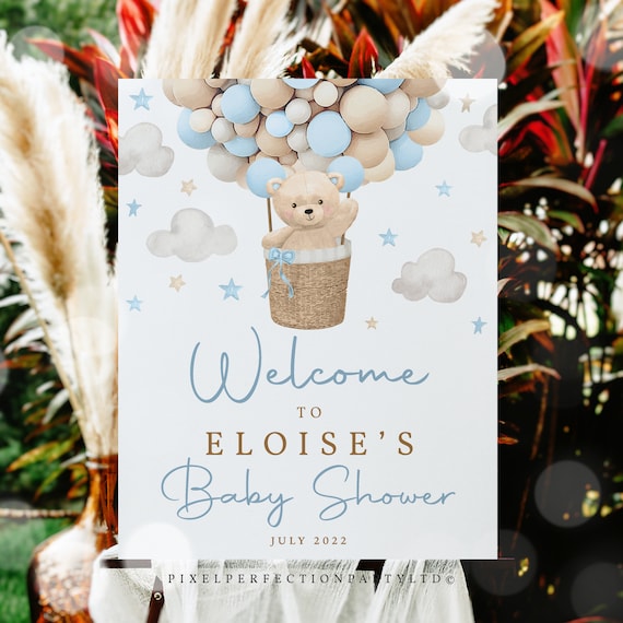 Editable Teddy Bear Hot Air Balloon Baby Shower Welcome Sign Boy Blue ...