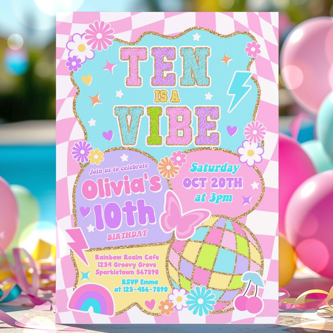 Editable Ten is A Vibe Preppy 10th Birthday Party Invitation Groovy ...