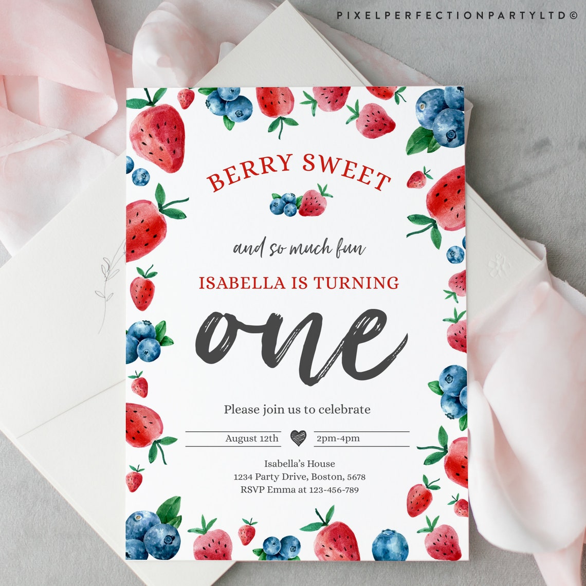 Editable Strawberry & Blueberry 1st Birthday Invitation Berry - Etsy