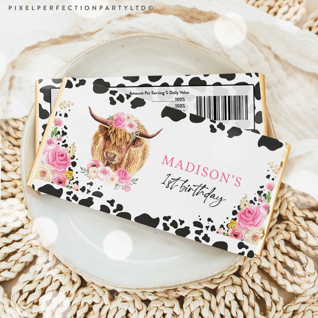 Editable Cow Birthday Party Candy Bar Label Pink Highland Cow Holy Farm ...