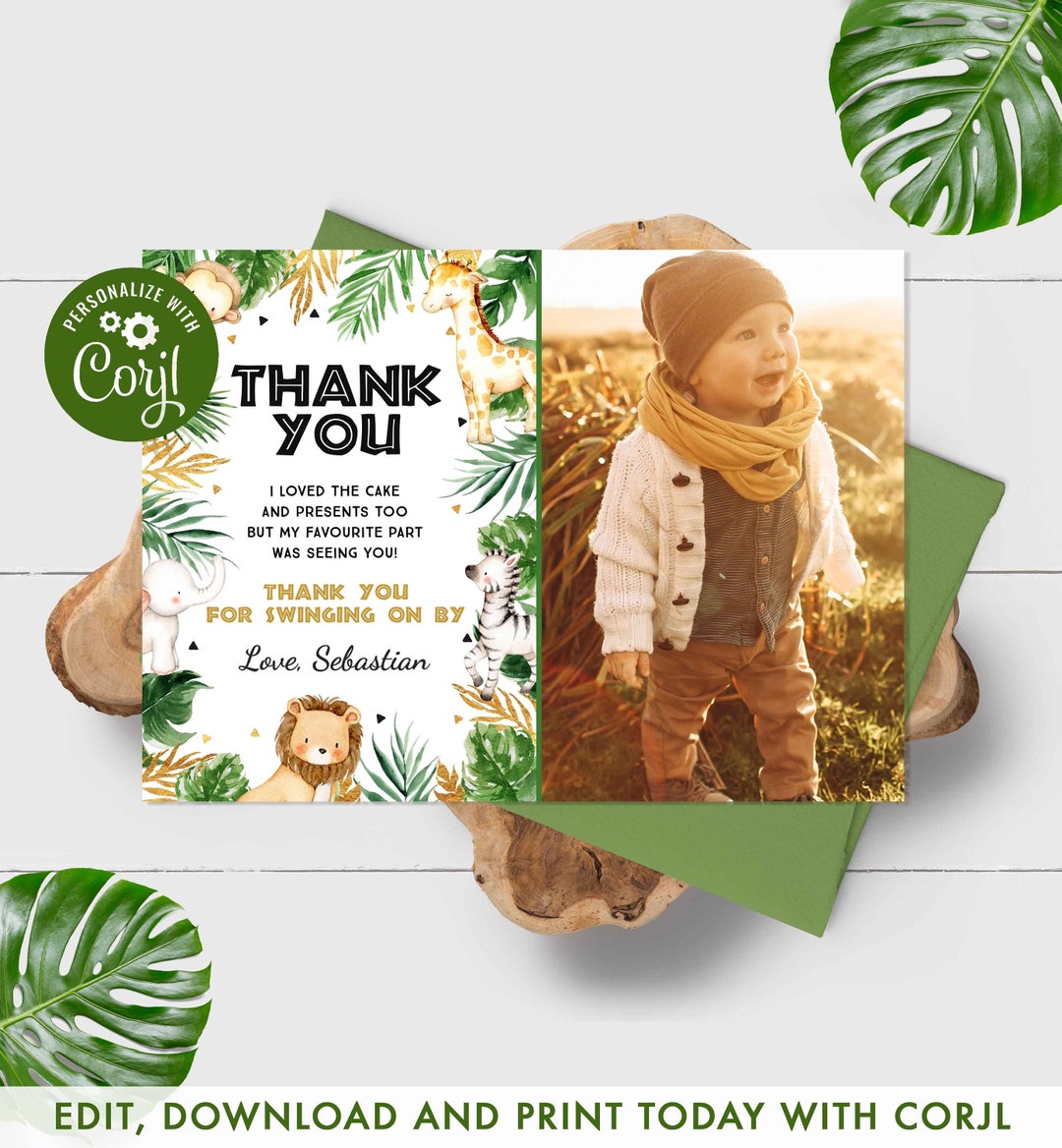 Editable Safari Thank You Card Birthday Jungle Safari Thank You Card ...