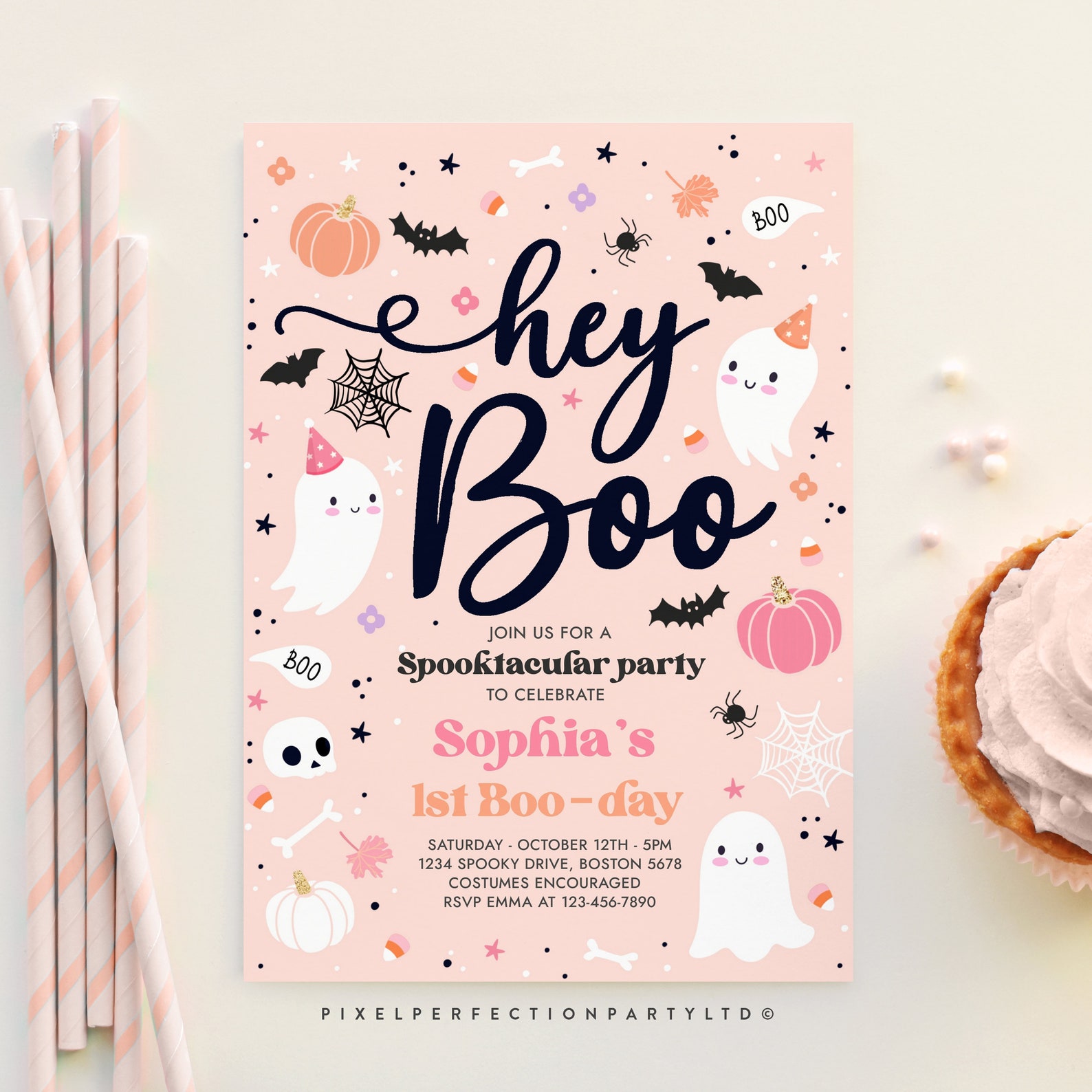 Editable Halloween Pink Ghost Birthday Invitation Hey Boo - Etsy