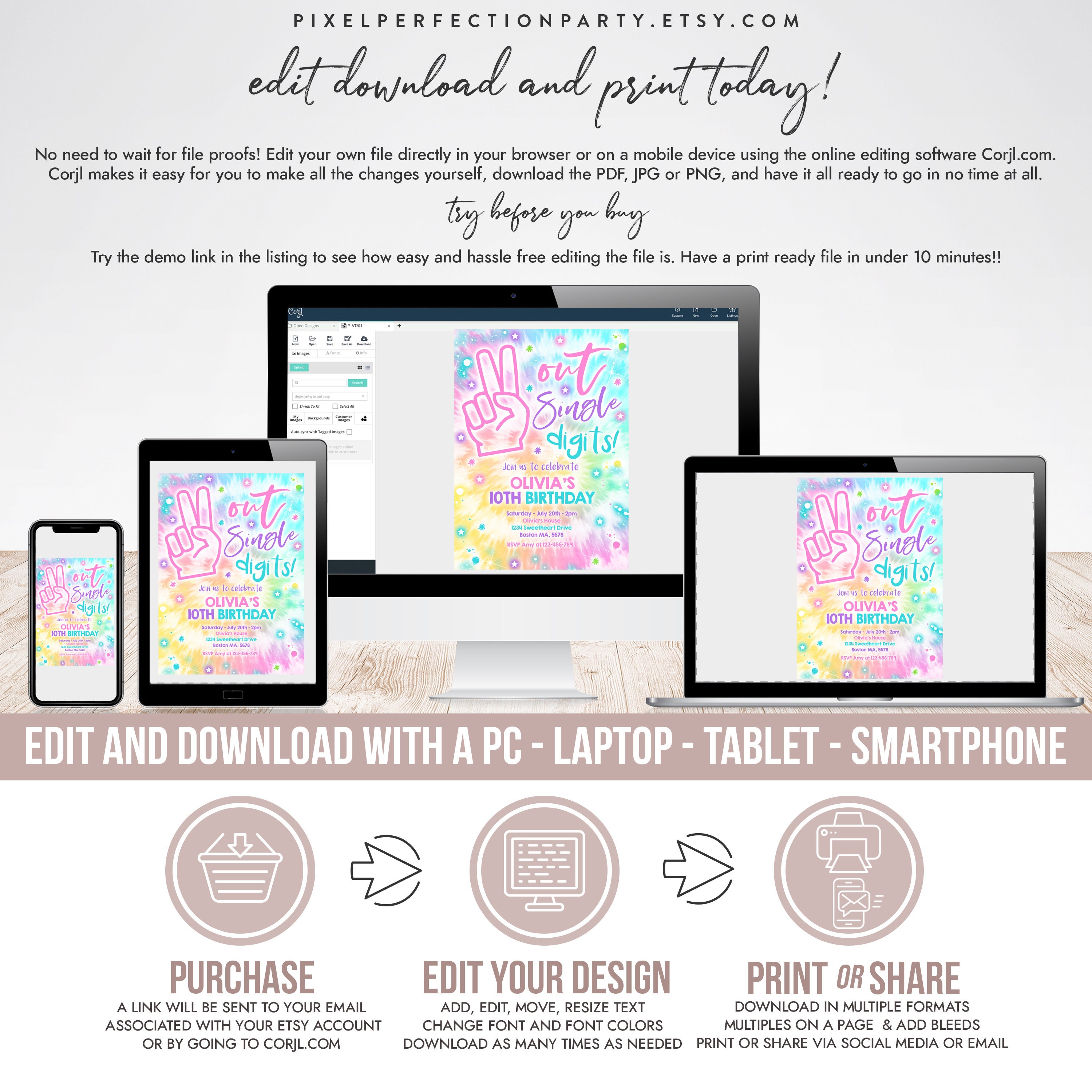 Editable Tie Dye Birthday Party Invitation Peace Out Single - Etsy