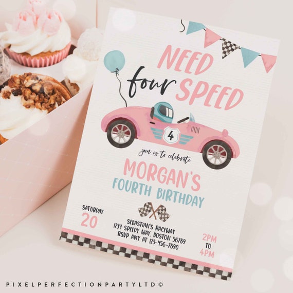 Editable Need Four Speed Race Car 4th Birthday Invitation Girl Pink ...