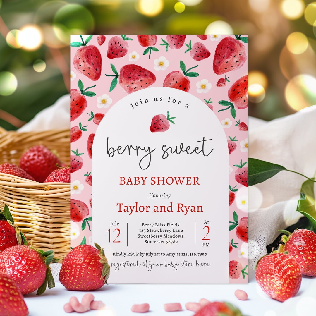 Editable Strawberry Baby Shower Invitation A Berry Sweet Baby is on the ...