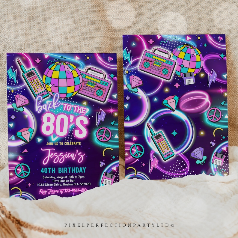 Editable 80s Birthday Party Invitation Back to the 80s Neon Retro ...