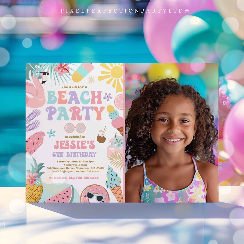 Editable Beach Birthday Party Invitation Tropical Splish Splash Girly ...