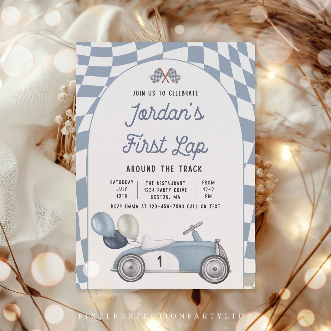 Editable Race Car 1st Birthday Party Invitation First Lap Around the ...