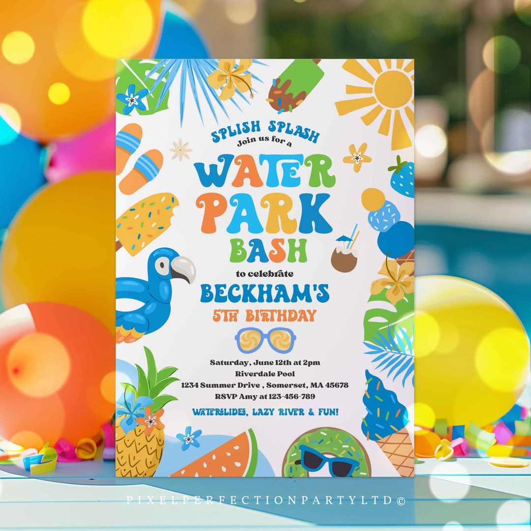 Editable Water Park Birthday Party Invitation Tropical Splish Splash ...
