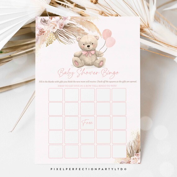 Editable Boho Teddy Bear Baby Bingo Game Bohemian Pampas Grass Pink ...