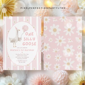 Editable One Silly Goose Birthday Party Invitation Pink Coquette Daisy ...
