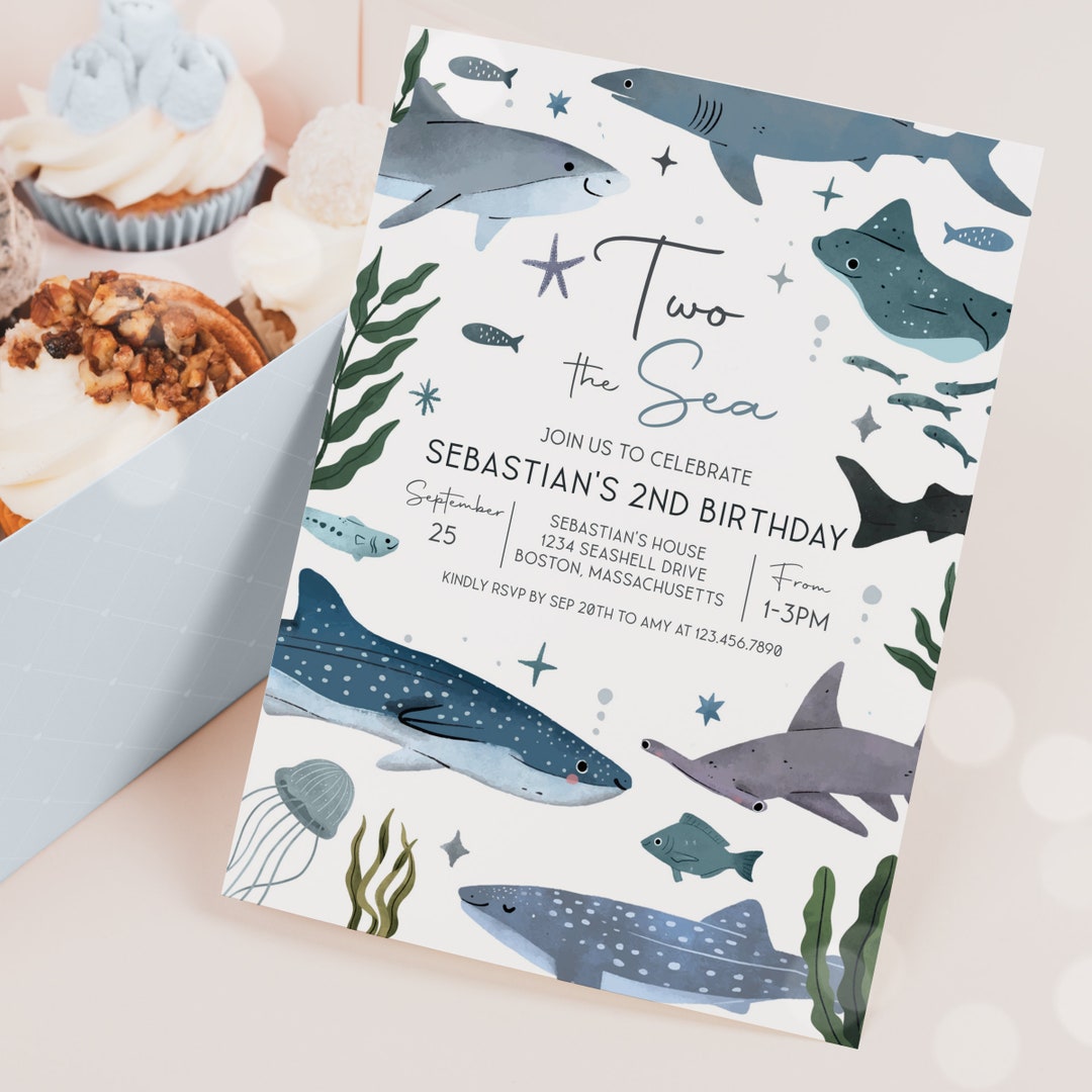 Editable Shark Two the Sea Birthday Party Invitation Shark Under the ...