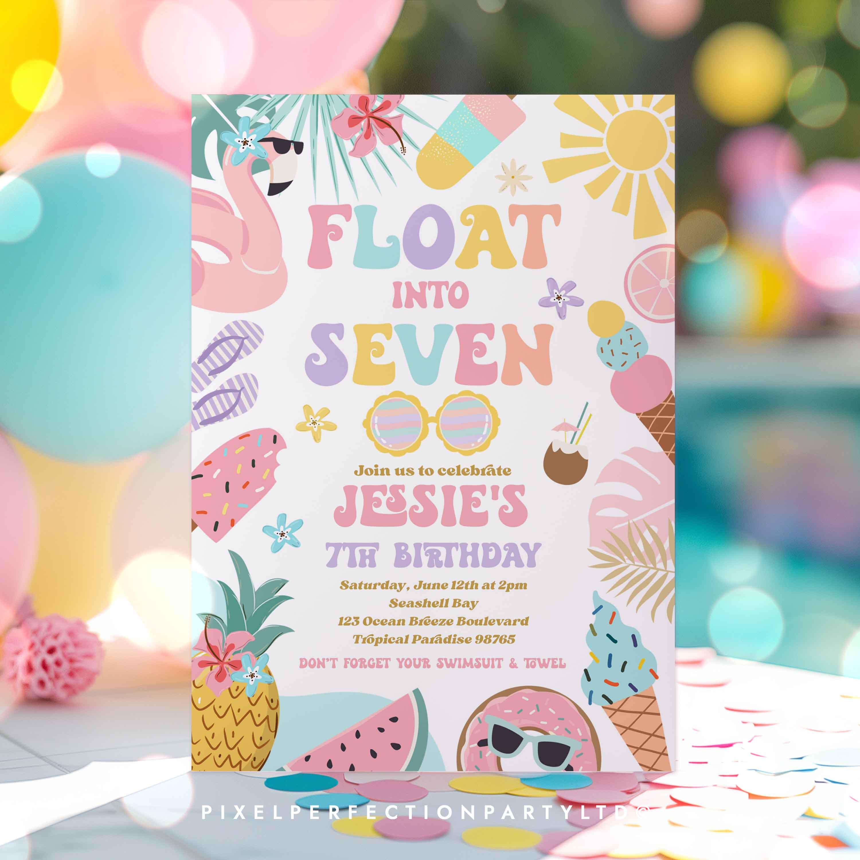 Editable Float Into Seven 7th Birthday Party Invitation Tropical Summer ...