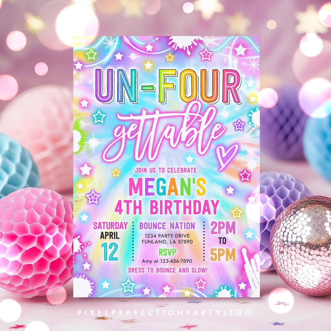 Editable Un-four-gettable Birthday Party Invitation Neon Glow 4th ...