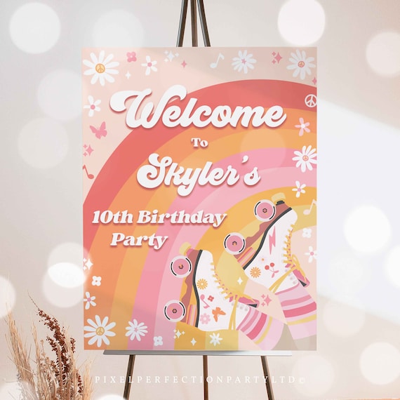 Editable Roller Skating Birthday Party Welcome Sign Groovy Retro Let ...