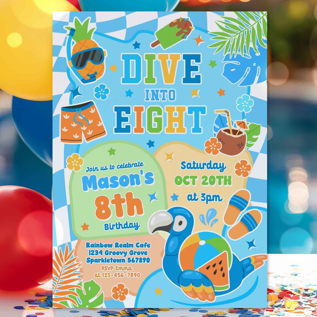 Editable Tropical Splish Splash 8th Birthday Pool Party Invitation Dive ...