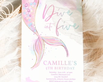Editable Dive Into Five Mermaid Purple Teal 5th Mermaid Birthday Little ...