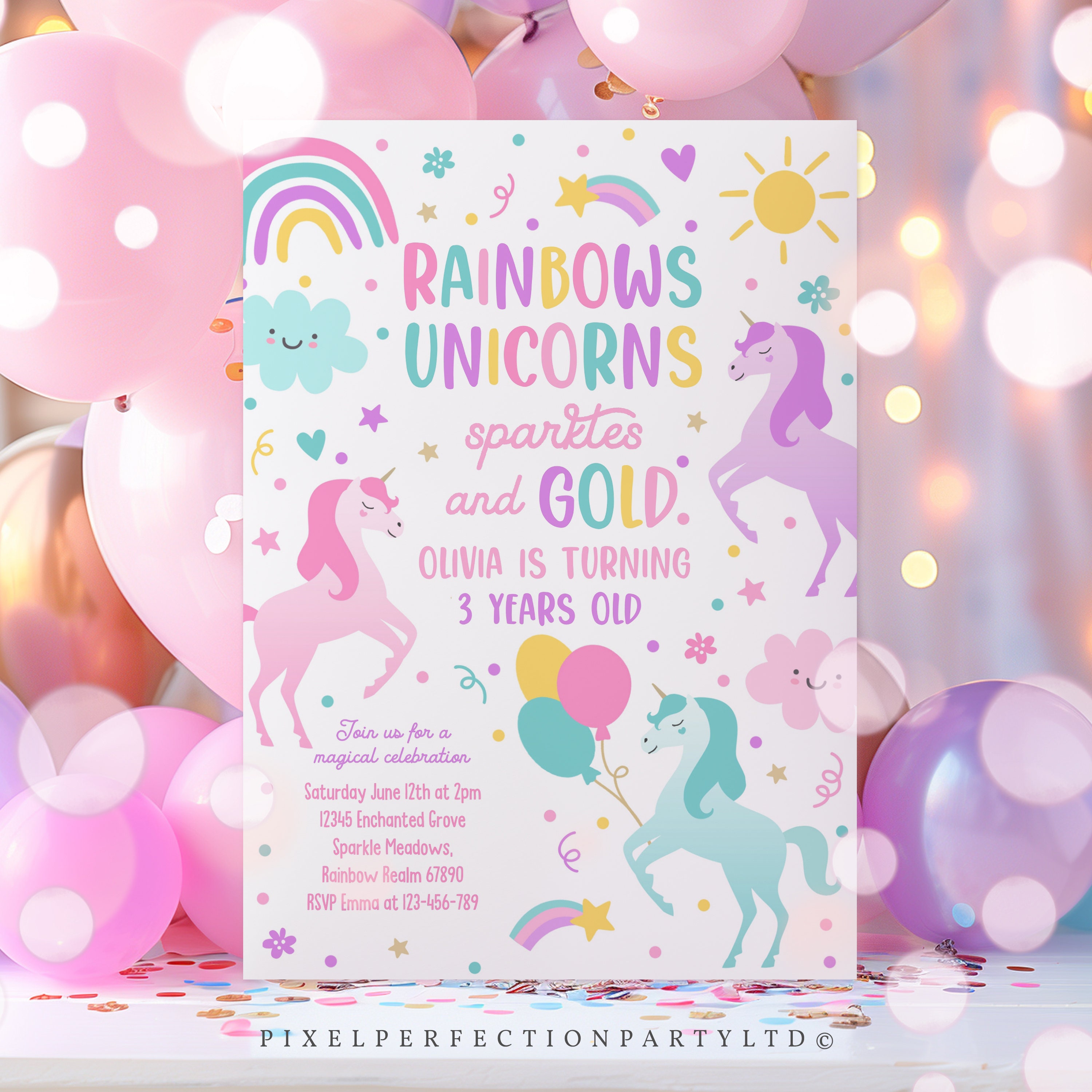 Editable Unicorn Birthday Invitation Magical Pastel Rainbow Unicorn ...