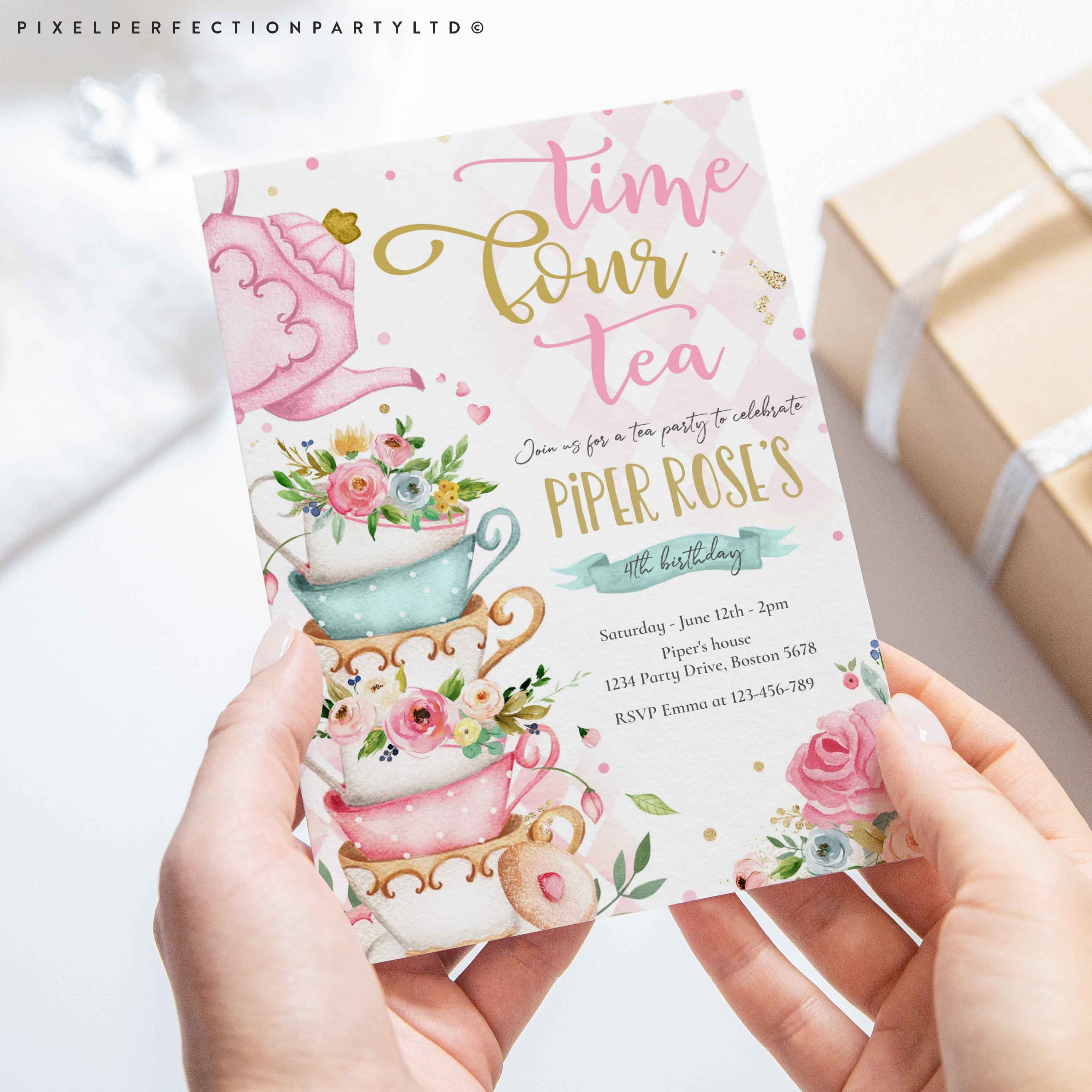 Editable Tea Party Birthday Invitation Time Four Tea 4th - Etsy UK
