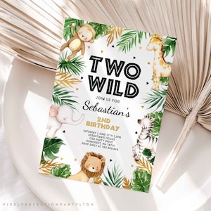 Two Wild Birthday Invitation Jungle Safari Animals Invitation Gold ...