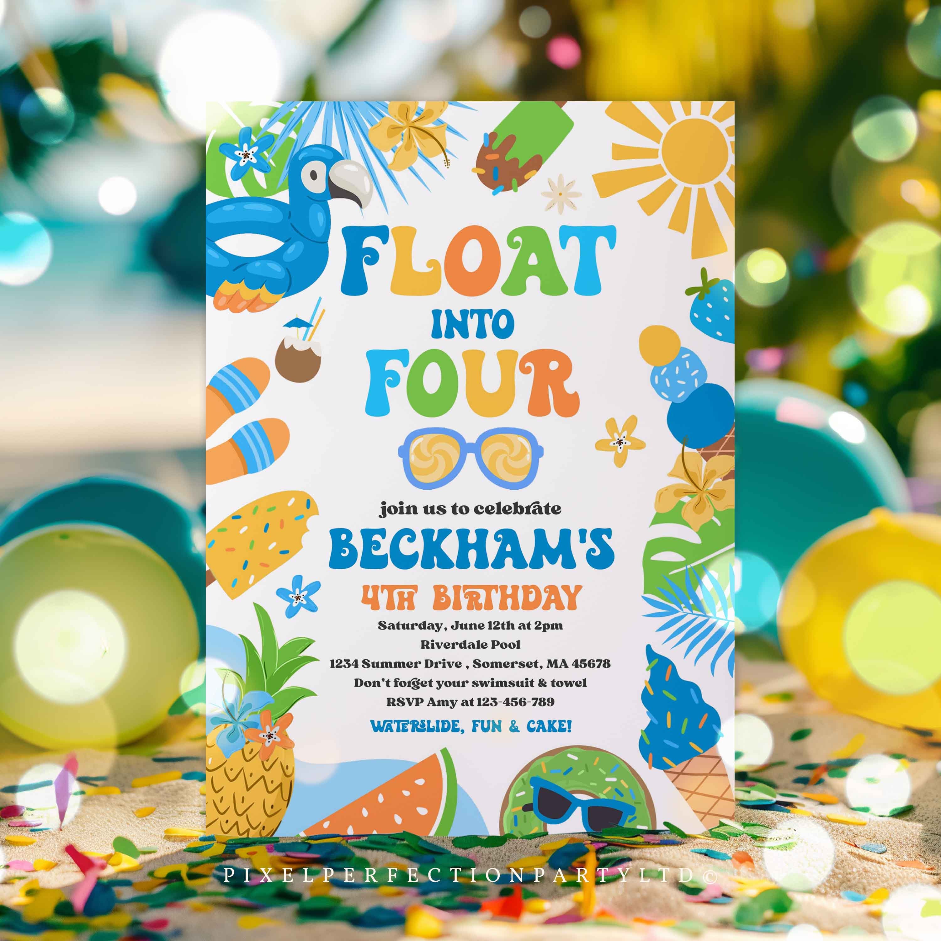 Editable Float Into Four 4th Birthday Pool Party Invitation Tropical ...
