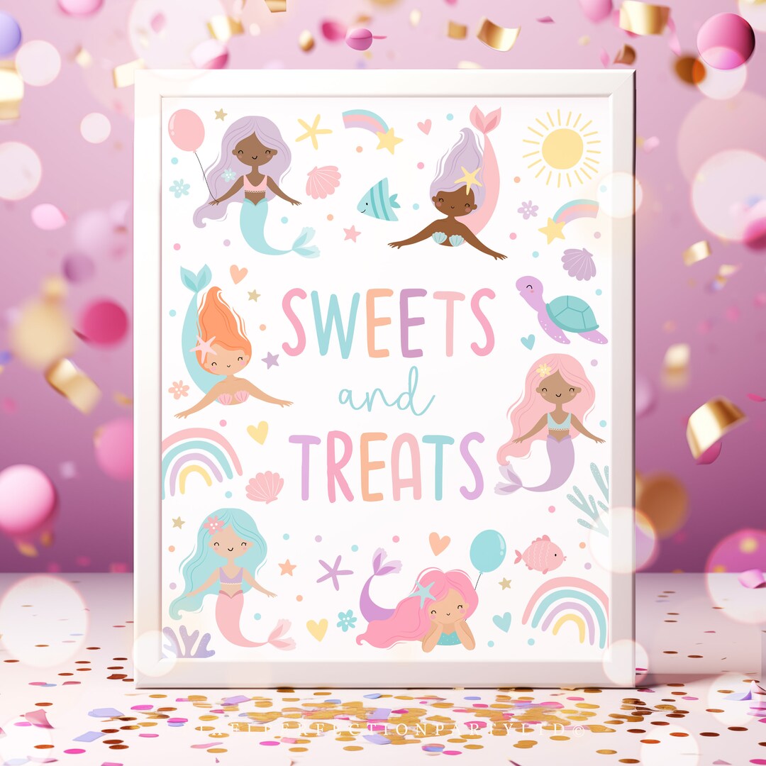 Mermaid Birthday Party Sweets and Treats Sign Whimsical Mermaid Under ...