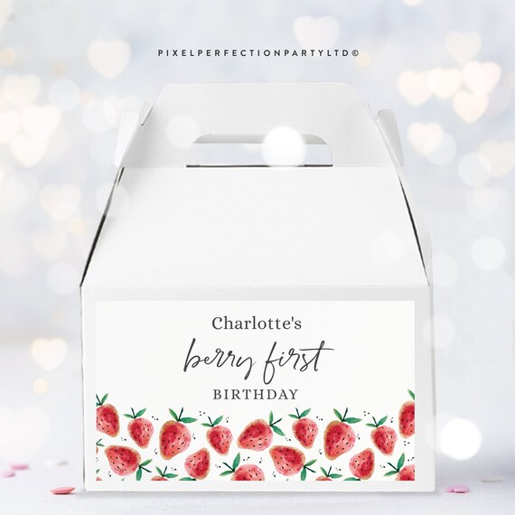 Editable Strawberry Gable Box Labels Berry First Birthday Party Gift ...