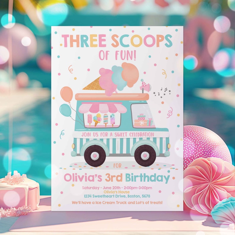 Editable Ice Cream Truck Three Scoops of Fun 3rd Birthday Party ...