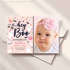 Editable Halloween Pink Ghost Birthday Invitation Hey Boo Girly Cute ...