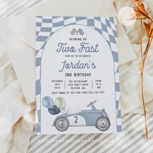Editable Growing up Two Fast Birthday Invitation Vintage Race Car Two ...