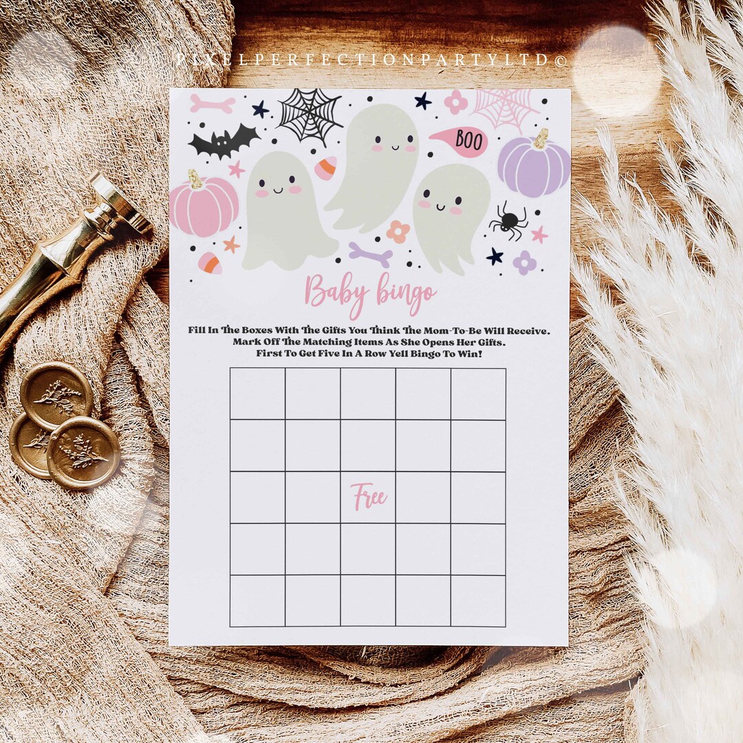 Editable Little Boo Baby Shower Baby Bingo Game Halloween Pink Ghost ...