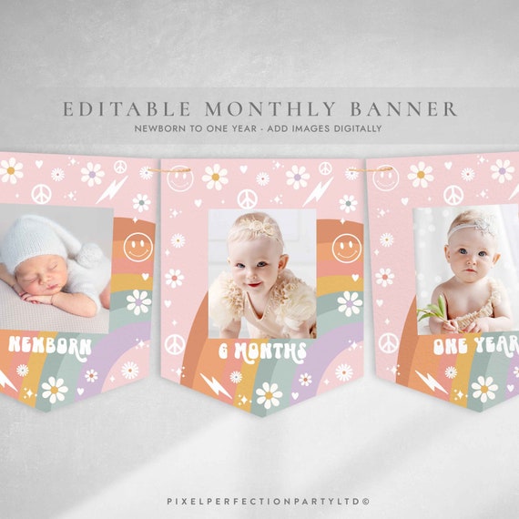 Editable Groovy Birthday Party Monthly Banner Groovy One Birthday Party ...