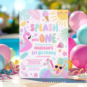 Editable Splash Into One 1st Birthday Pool Party Invitation Tropical ...