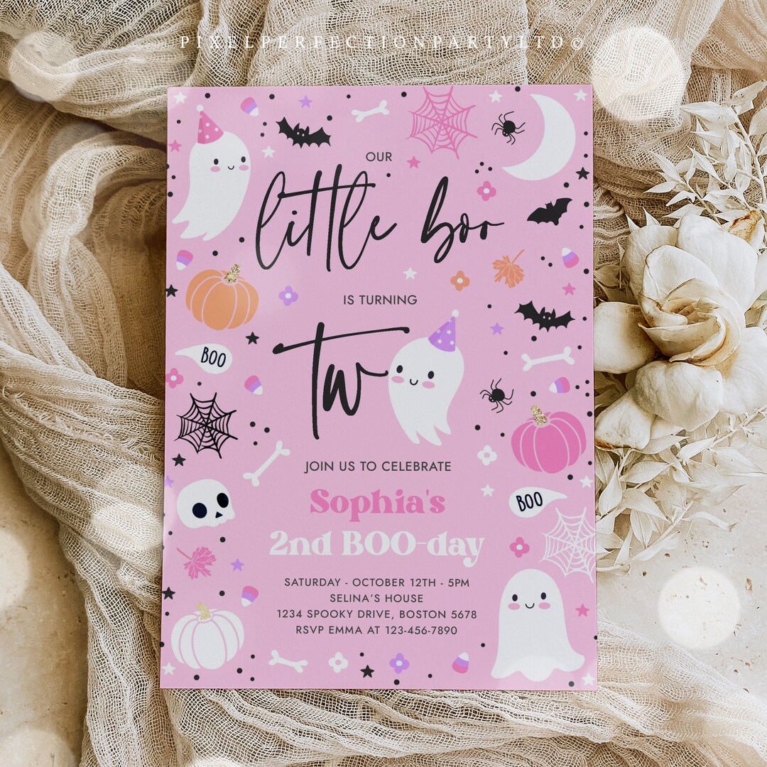 Editable Little Boo 2nd Birthday Party Invitation Cute Pink Halloween ...