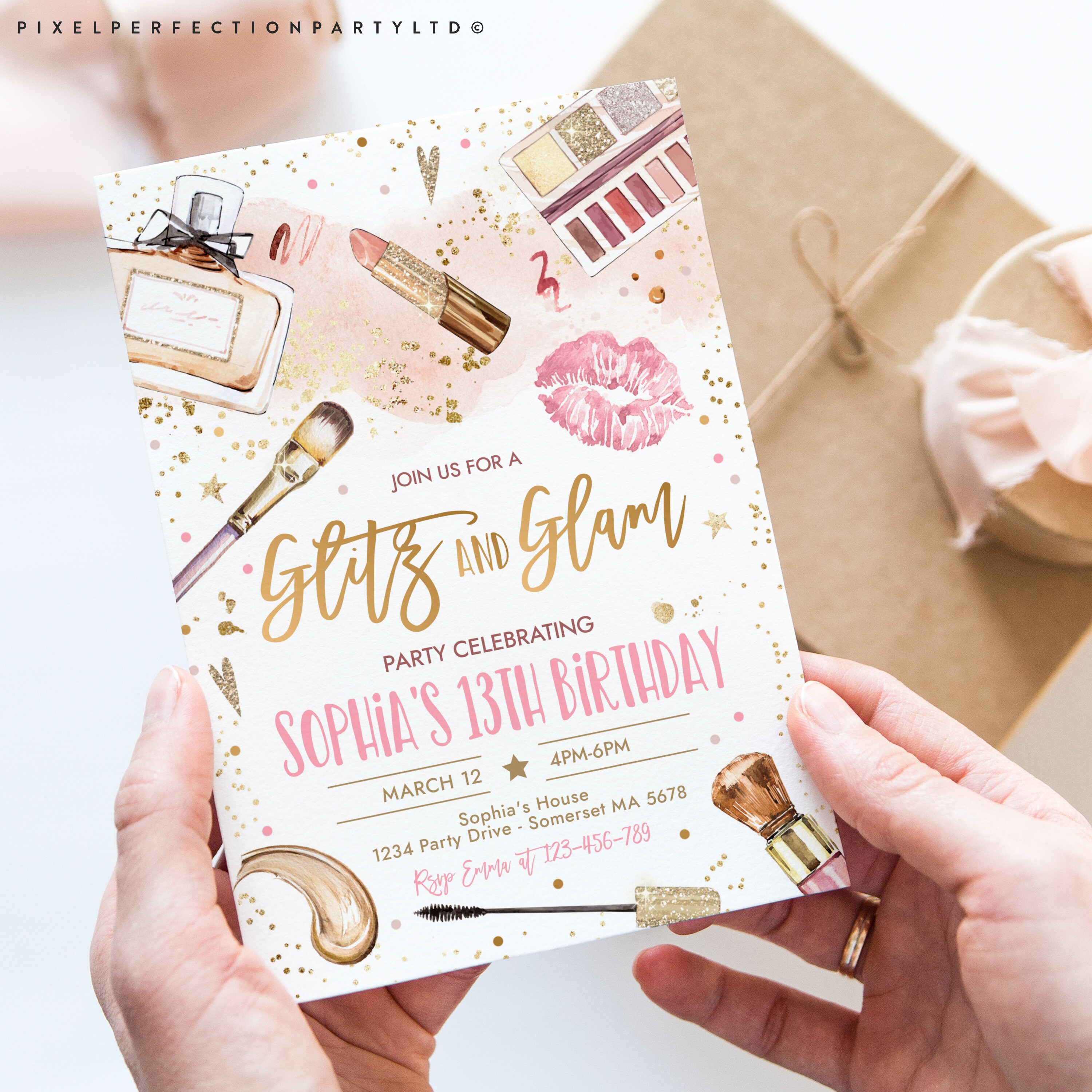 Editable Glitz and Glam Birthday Party Invitation Spa Makeup | Etsy