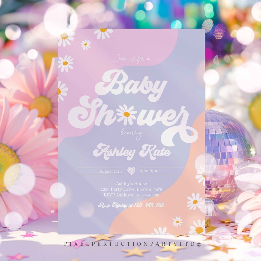 Editable Retro Baby Shower Invitation Retro Bohemian Hippie Vibes Daisy ...